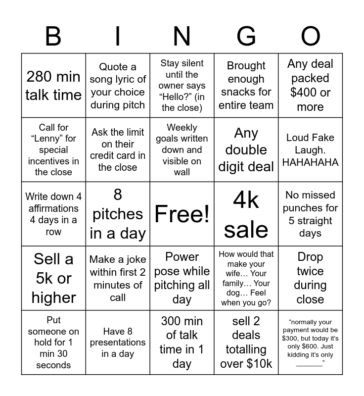 Worldmark Telesales BINGO Card
