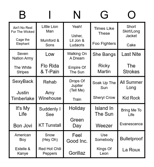 2000's MUSIC Bingo Card