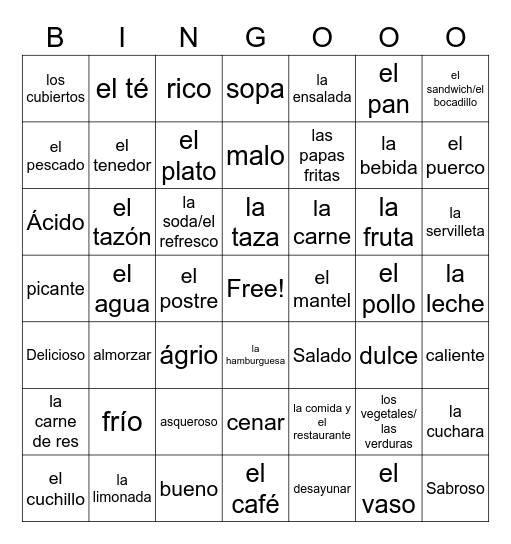 La Comida Y El Restaurante Bingo Card