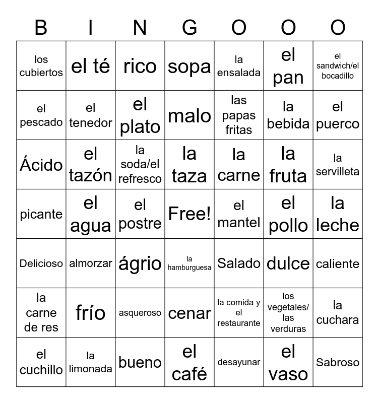 La Comida Y El Restaurante Bingo Card