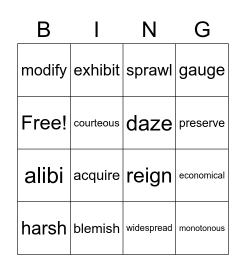 Vocabulary words March-April Bingo Card