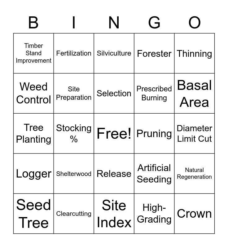Silviculture Terms Bingo Card