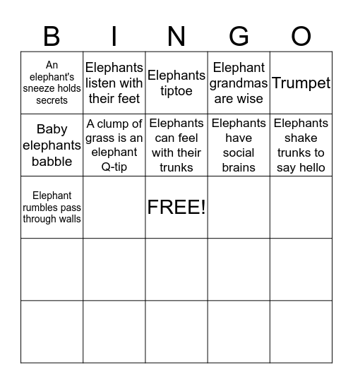 Elephant Talk Bingo Card