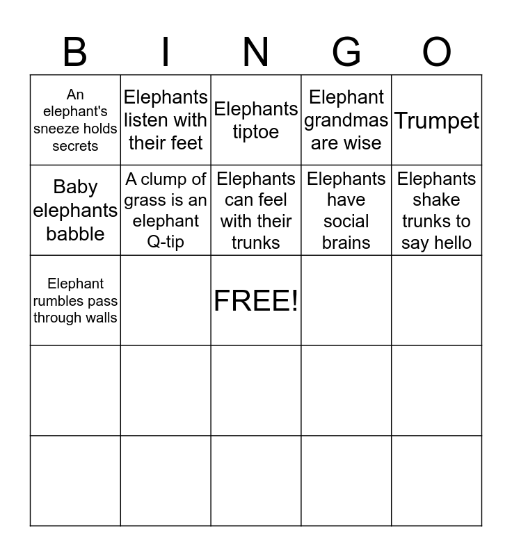 Elephant Talk Bingo Card