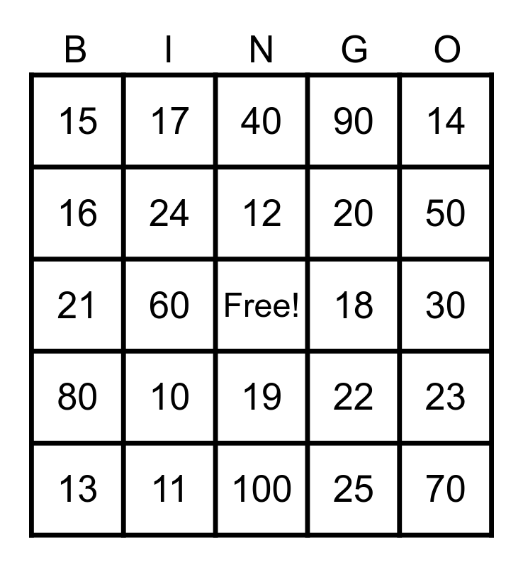 Teens and Tens Bingo Card