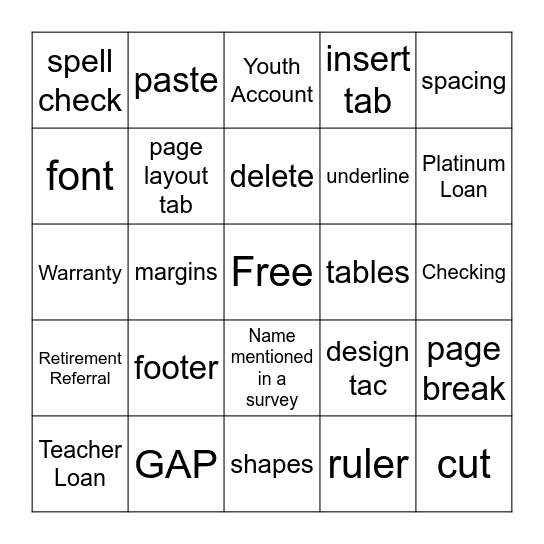 Microsoft Word Bingo Card
