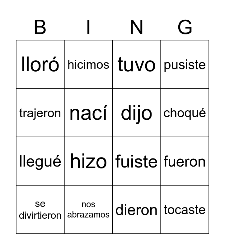 Spanish Preterite Bingo Card