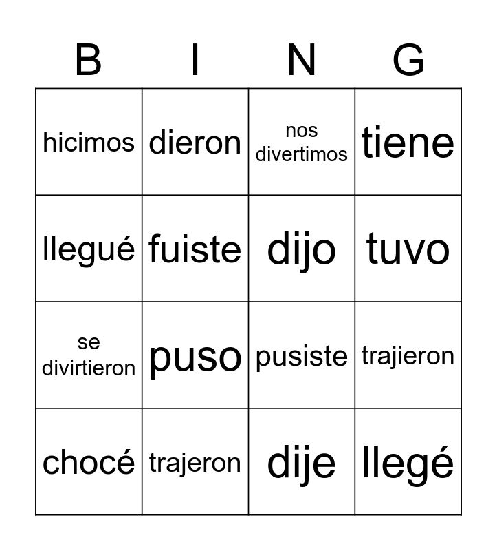 Spanish Preterite Bingo Card