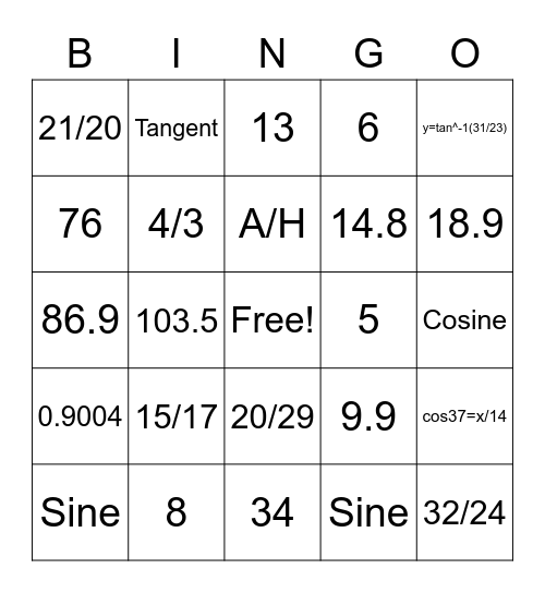 Right Triangle Trigonometry Bingo Card
