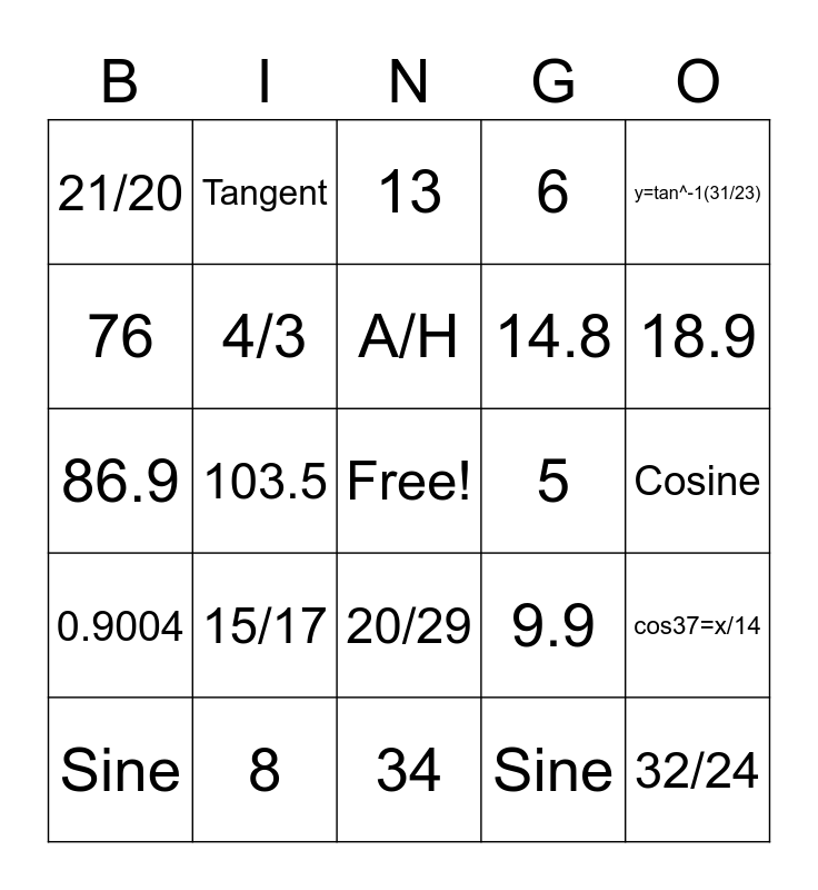 Right Triangle Trigonometry Bingo Card