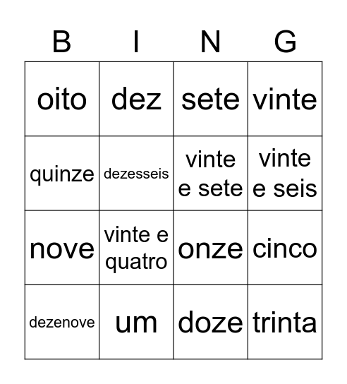 BINGO DOS NÚMEROS Bingo Card