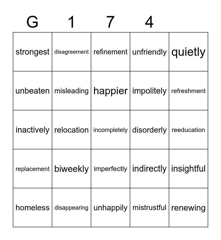 Gold 174 Bingo Card
