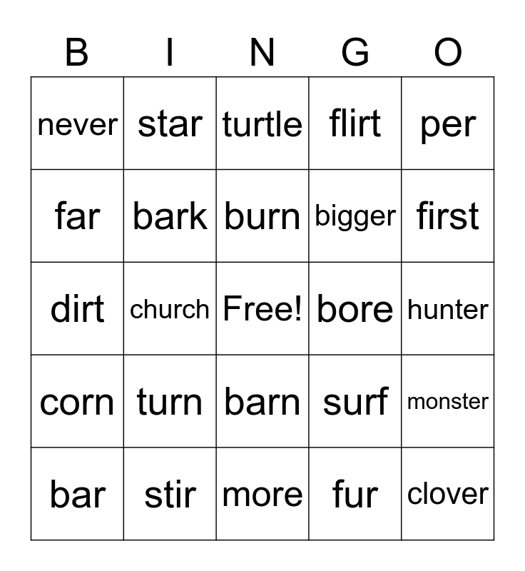 Bossy R Vowels Bingo Card