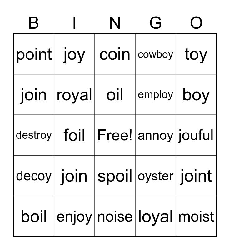 Dipthongs OY OI Bingo Card