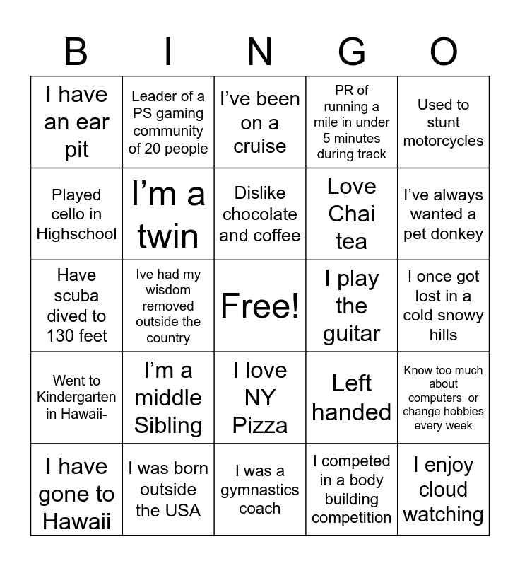 Fun Fact Bingo Card