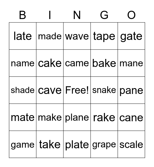 a_e Words Bingo Card