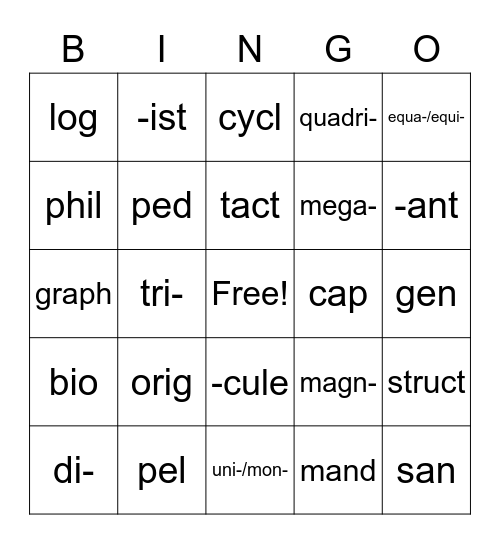 Greek & Latin Roots/Prefixes/Suffixes Bingo Card