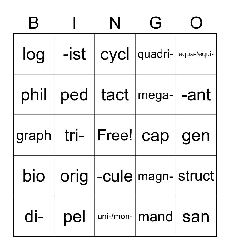 Greek & Latin Roots/Prefixes/Suffixes Bingo Card
