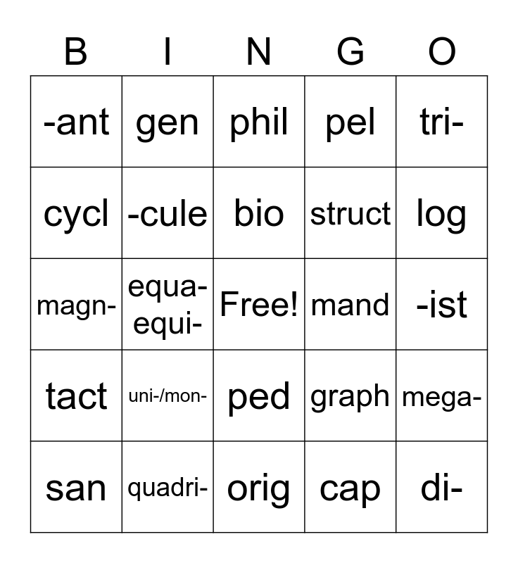Greek & Latin Roots/Prefixes/Suffixes Bingo Card