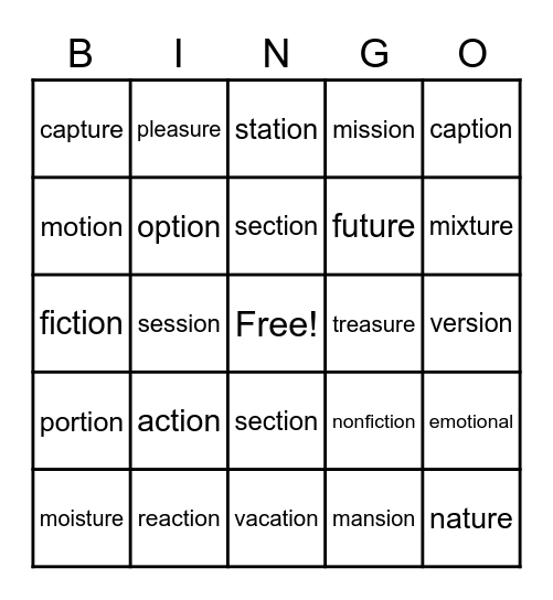 -tion, -sion, -ture, -sure Bingo Card