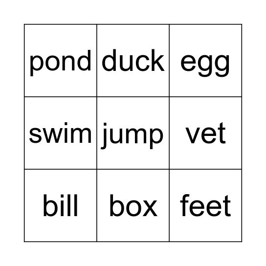 "What's in the egg?" and "Little Duck" Stories Bingo Card