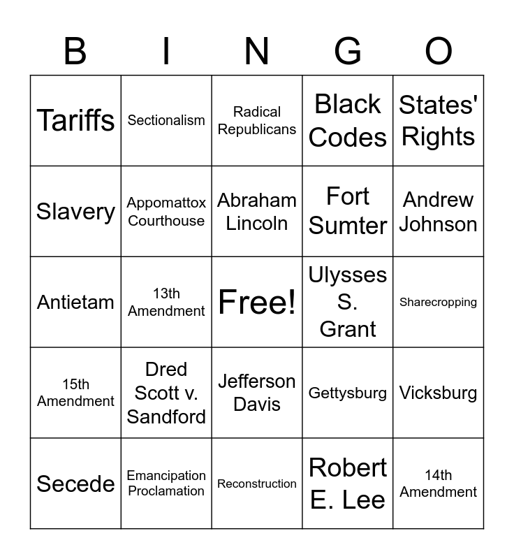 Civil War/Reconstruction Bingo Card