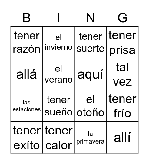 Las Estaciones/Tener/Allí/Allá/Aquí Bingo Card