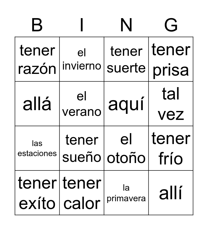 Las Estaciones/Tener/Allí/Allá/Aquí Bingo Card