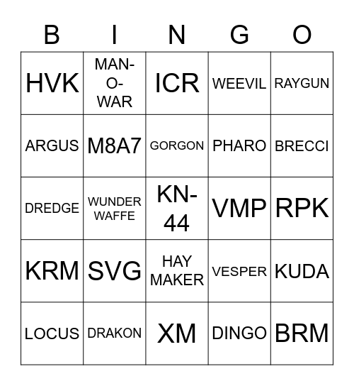 Pack-a-Punch Bingo Card