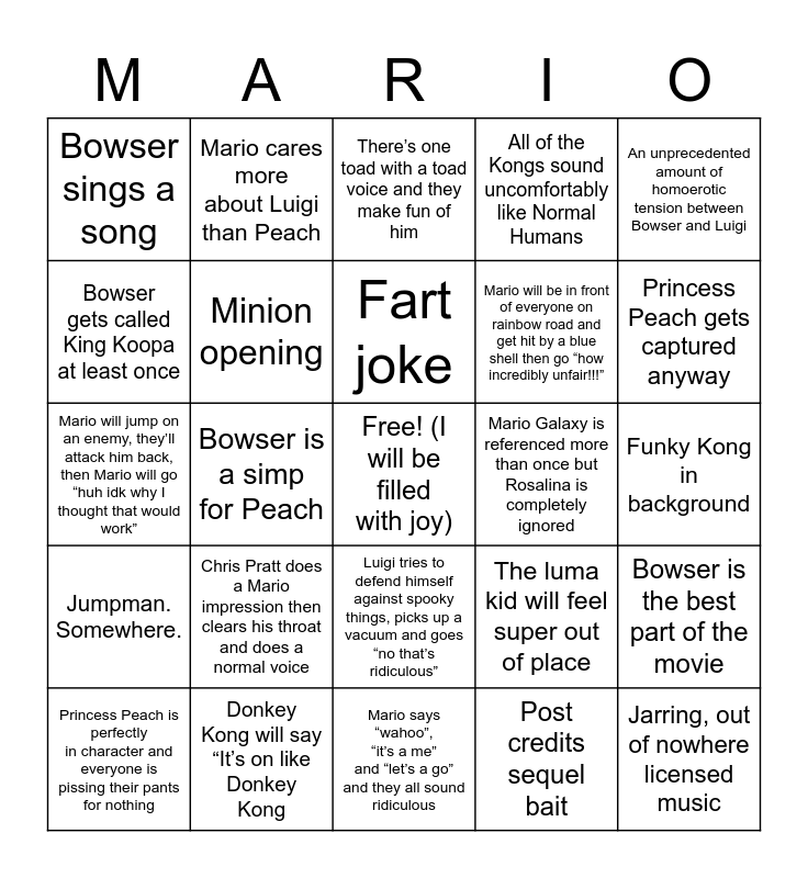 Overly Specific Mario Movie Bingo Card