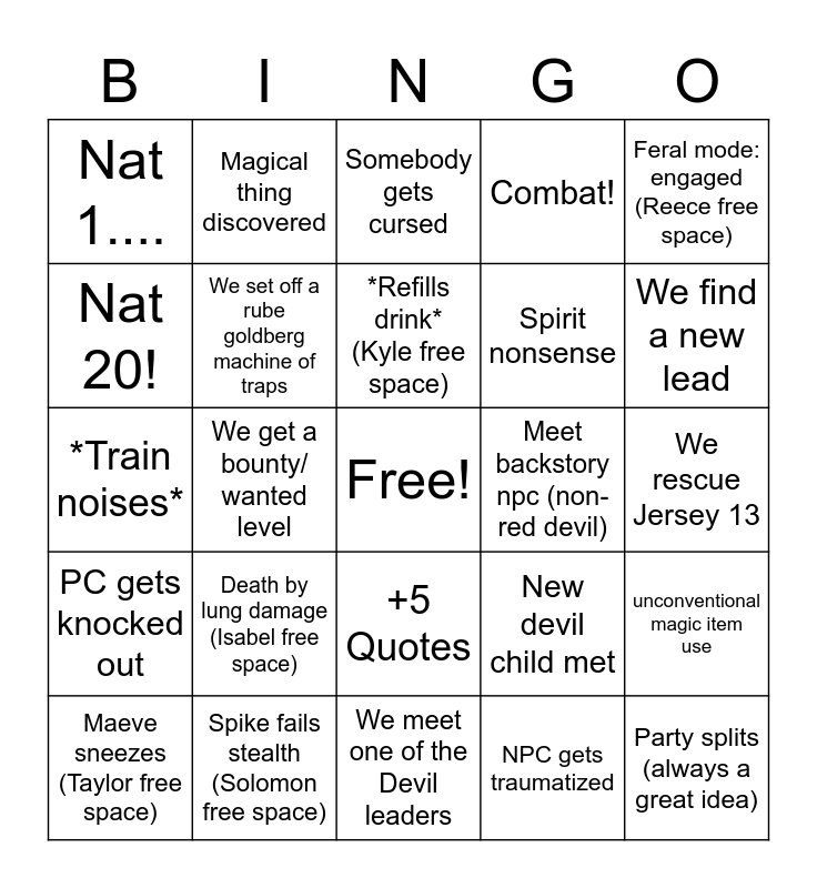 Session 20: Kyle is Done With Our Shit (Sorry, Kyle) Bingo Card