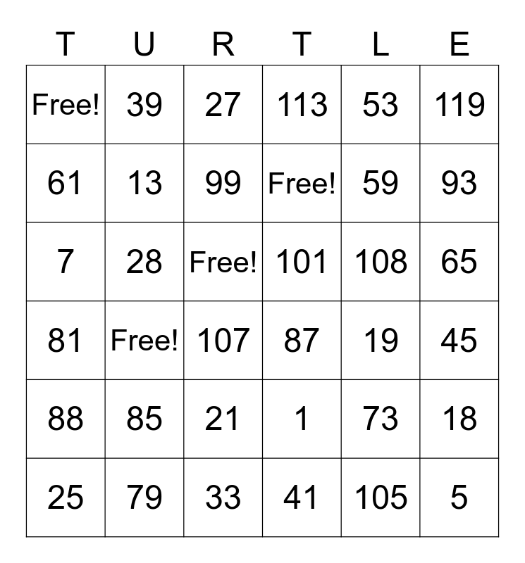 Turtle Bingo Card