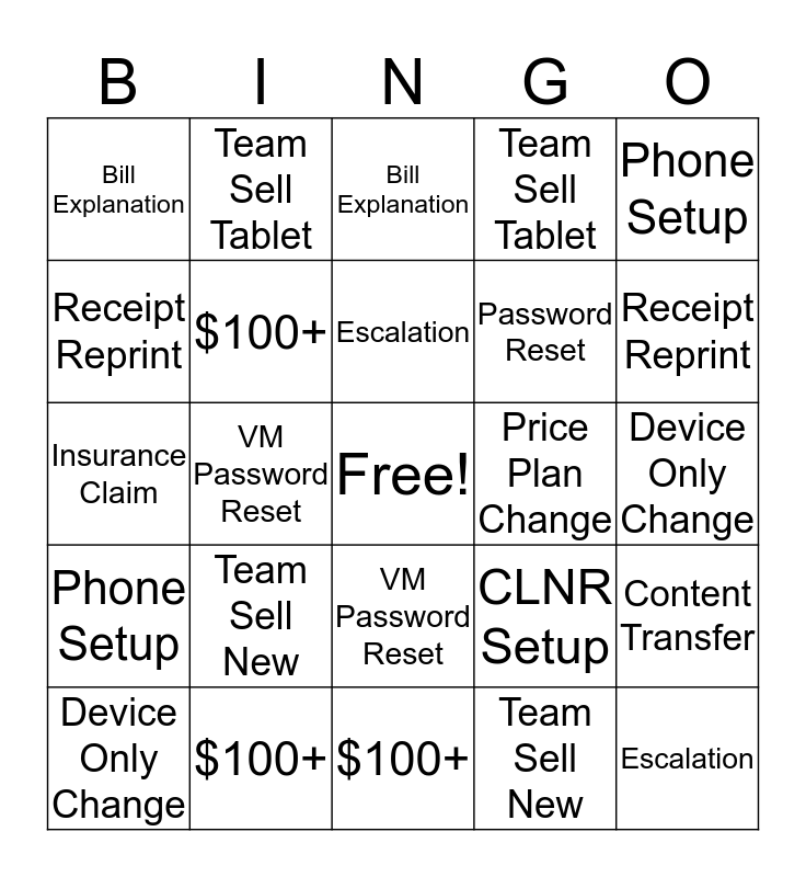 Experience Bingo Card