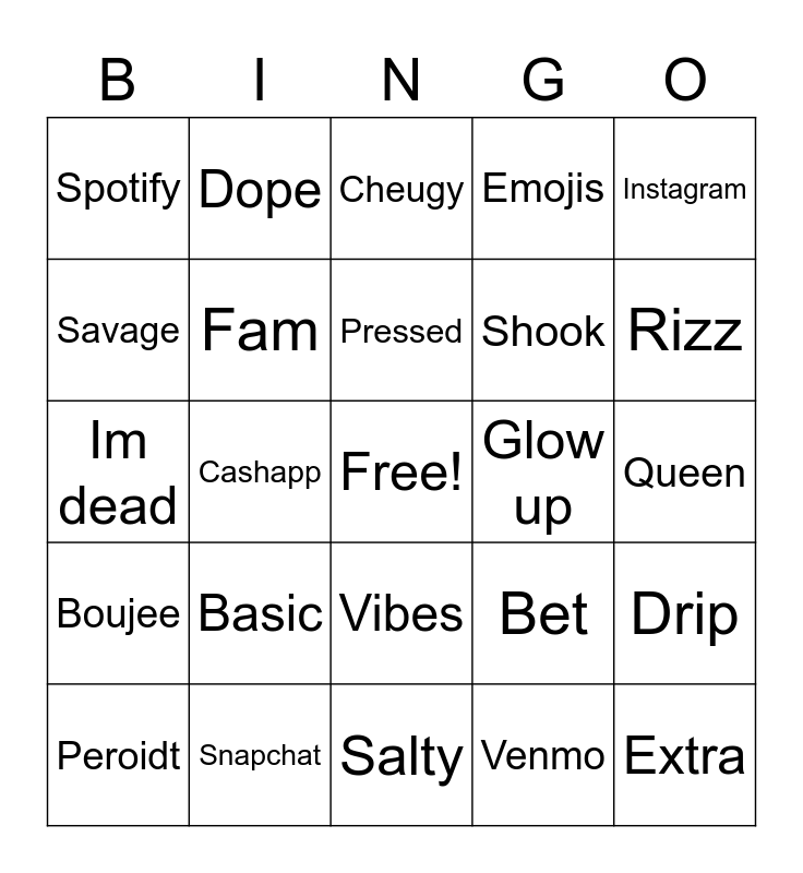 Gen Z Bingo Card