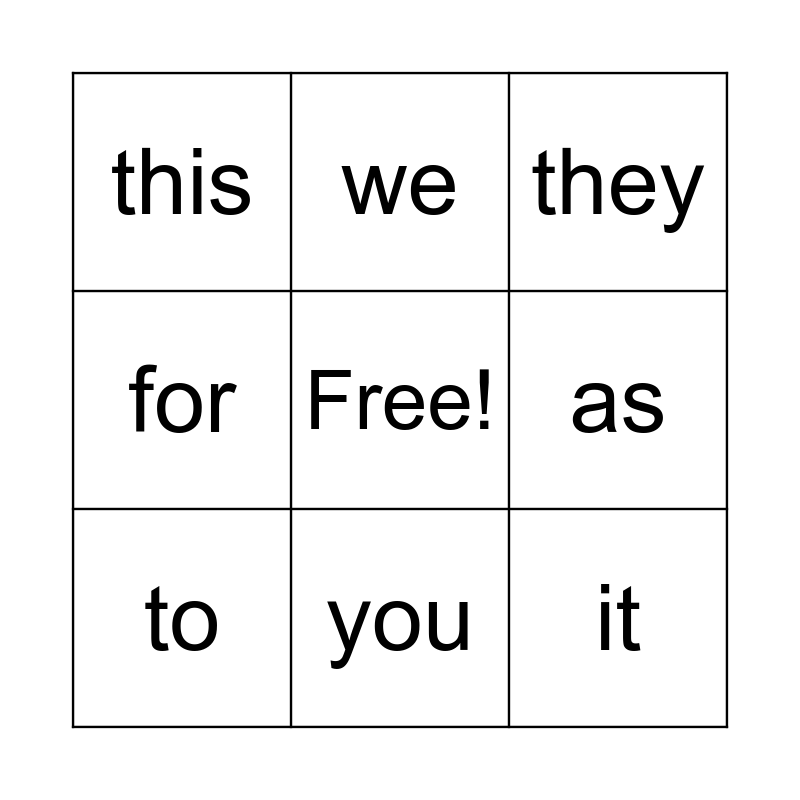Sight Words Set 1-8 Bingo Card