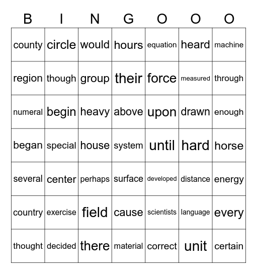 FRY WORDS Bingo Card