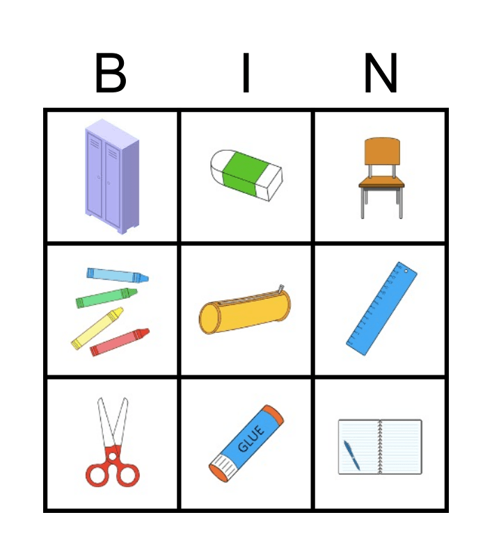 School objects Bingo Card