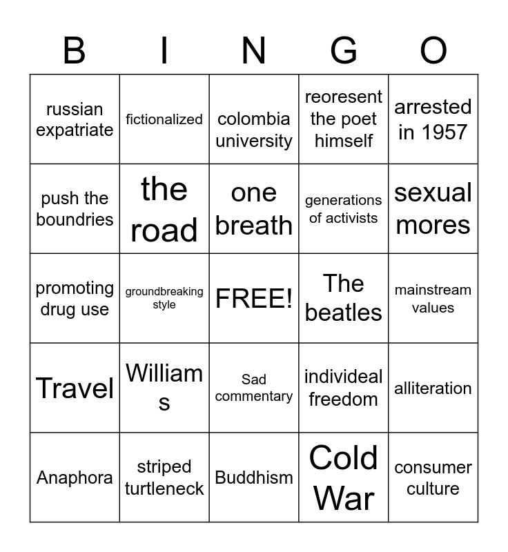 Beat Generation Bingo Card