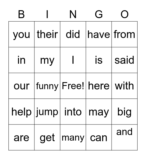 SIGHTWORD BINGO Card