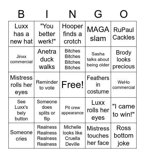 Drag Race Extravaganza Bingo Card