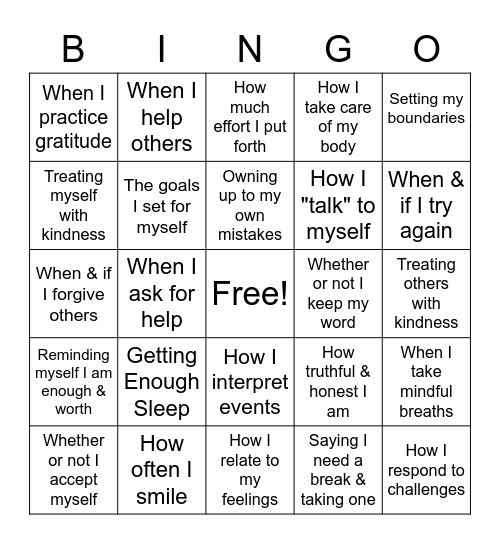 Things I Can Control Bingo Card