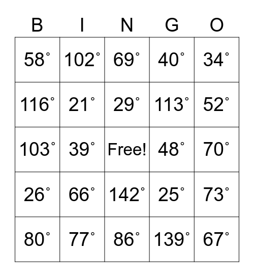 Angle Measure BINGO Card