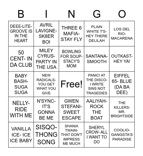 90's & Y2K Hits Bingo Card