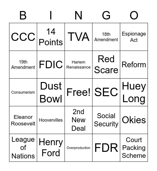 WWI/Great Depression Bingo Card
