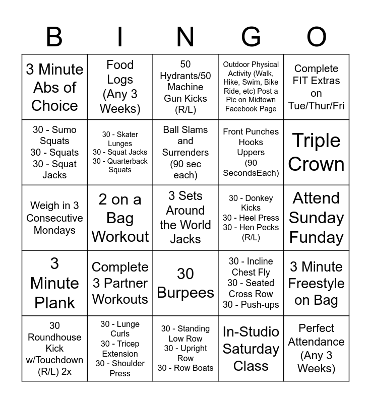 TRIPLE CROWN FIT CHALLENGE Bingo Card