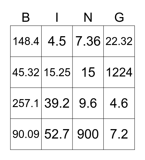 Multiplication of Decimals (connect four) Bingo Card