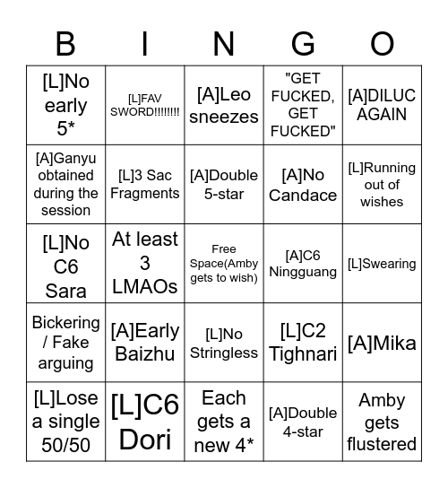 Leo and Amby's Chaotic Bingo Card