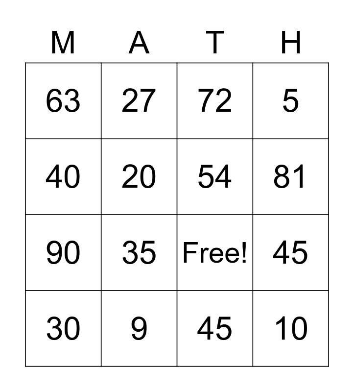Math Fluency Bingo Card