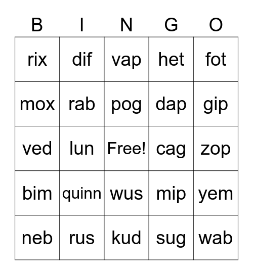 CVC + VC Nonsense BINGO 3 Bingo Card