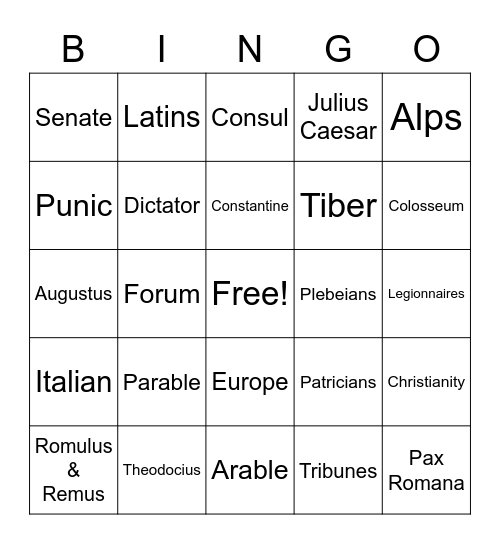Ancient Rome Bingo Card